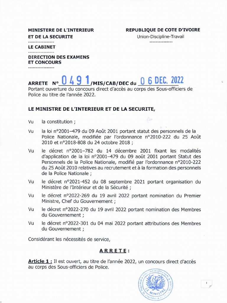 Arrete Portant Ouverture Du Concours Des SOP | PDF