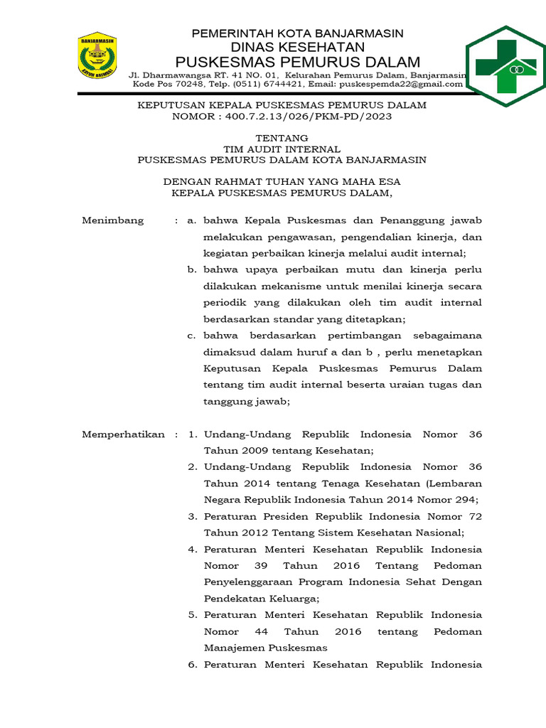 Tim Audit Internal Puskesmas Banjarmasin | PDF | Pengelolaan Keuangan ...