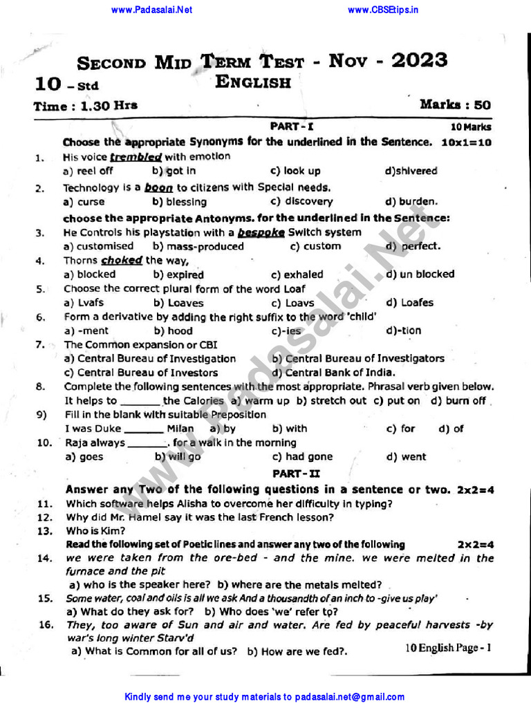 10th English 2nd Mid Term Paper | PDF