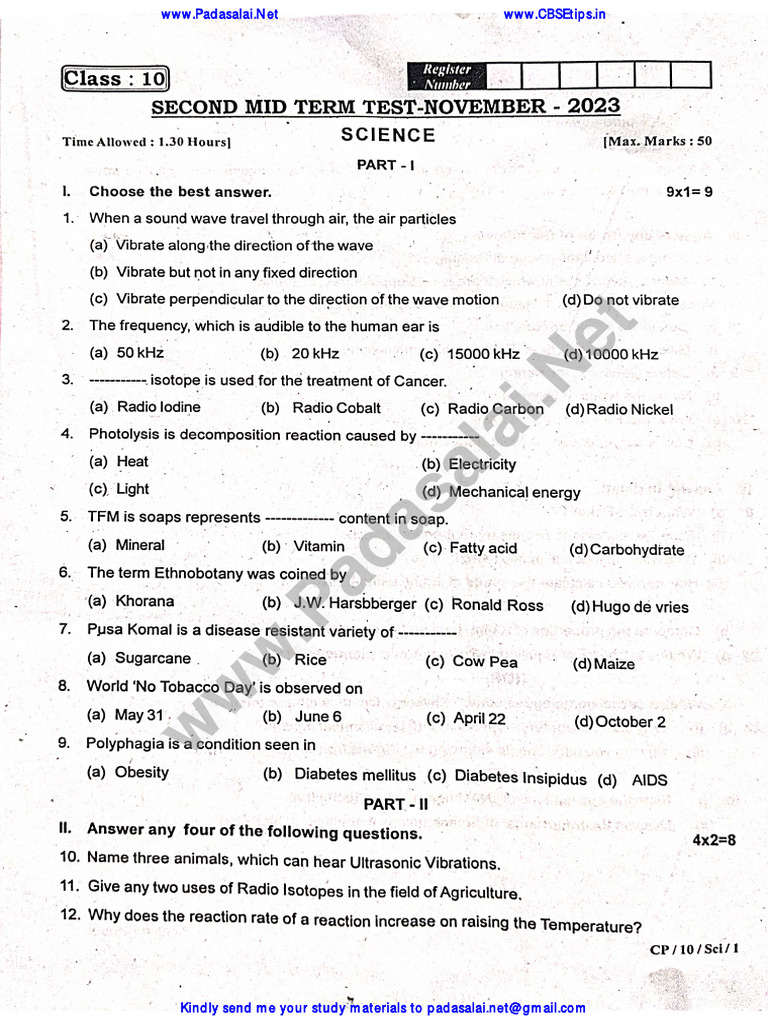 10th Science EM Second Mid Term Exam 2023 Question Paper Chengalpattu District English Medium ...