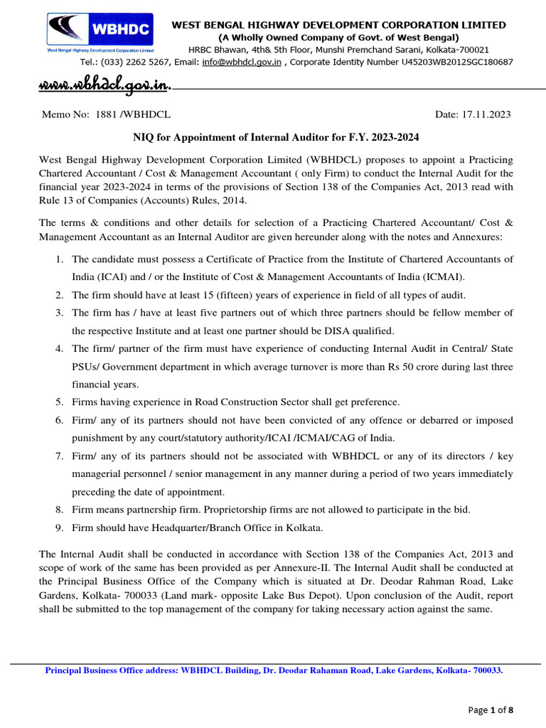 WWW - Wbhdcl.gov - In: NIQ For Appointment of Internal Auditor For F.Y ...