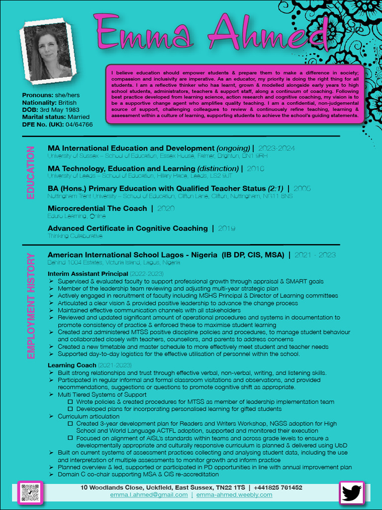 Emma Ahmed CV 2023 With Maied | Download Free PDF | Teachers | Curriculum