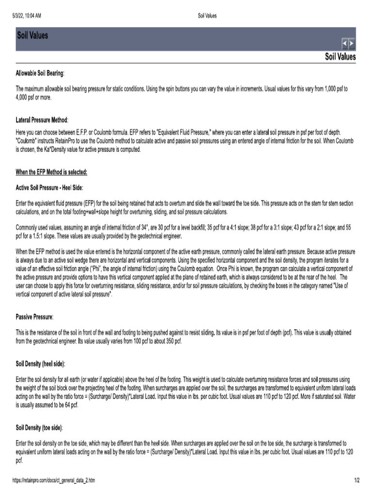 Soil Values - Retainpro - Com REf For Equivalent Lateral Pressure. | PDF