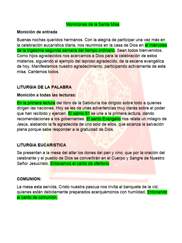 Moniciones de La Santa Misa | PDF