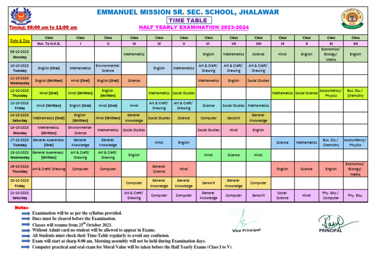 Half Yearly Time Table 2023-24 | PDF | Science
