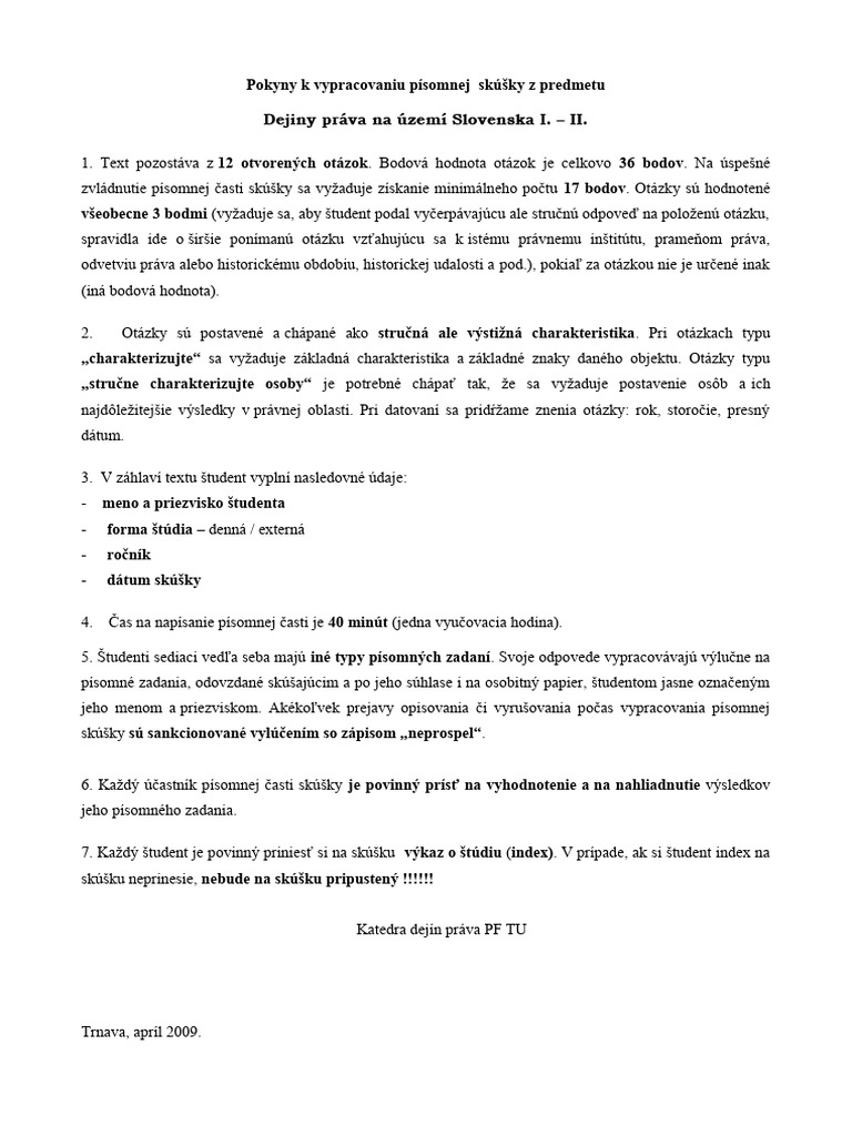 Pokyny K Vypracovaniu Písomnej Skúšky Z DPÚS | PDF