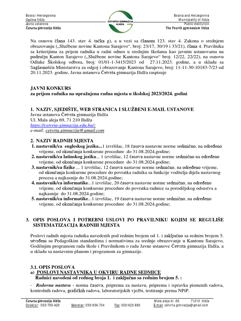 TEKST JAVNOG KONKURSA ZA PRIJEM RADNIKA NA UPRAŽNJENA RADNA MJESTA U ŠKOLSKOJ 2023-2024 Novembar ...