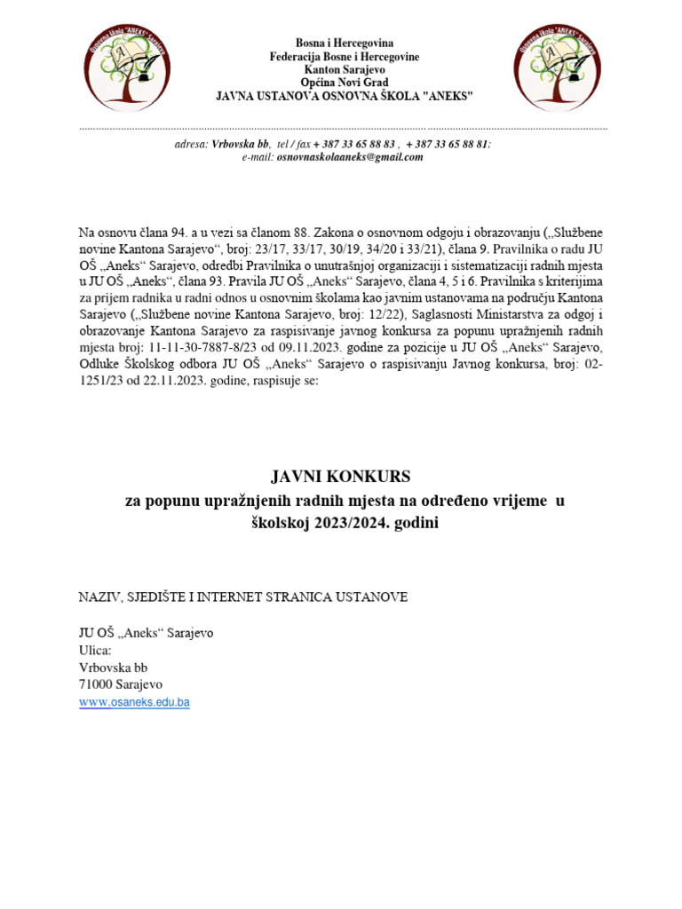 Tekst Javnog Konkursa Za Prijem Radnika 2023 - 2024 | PDF