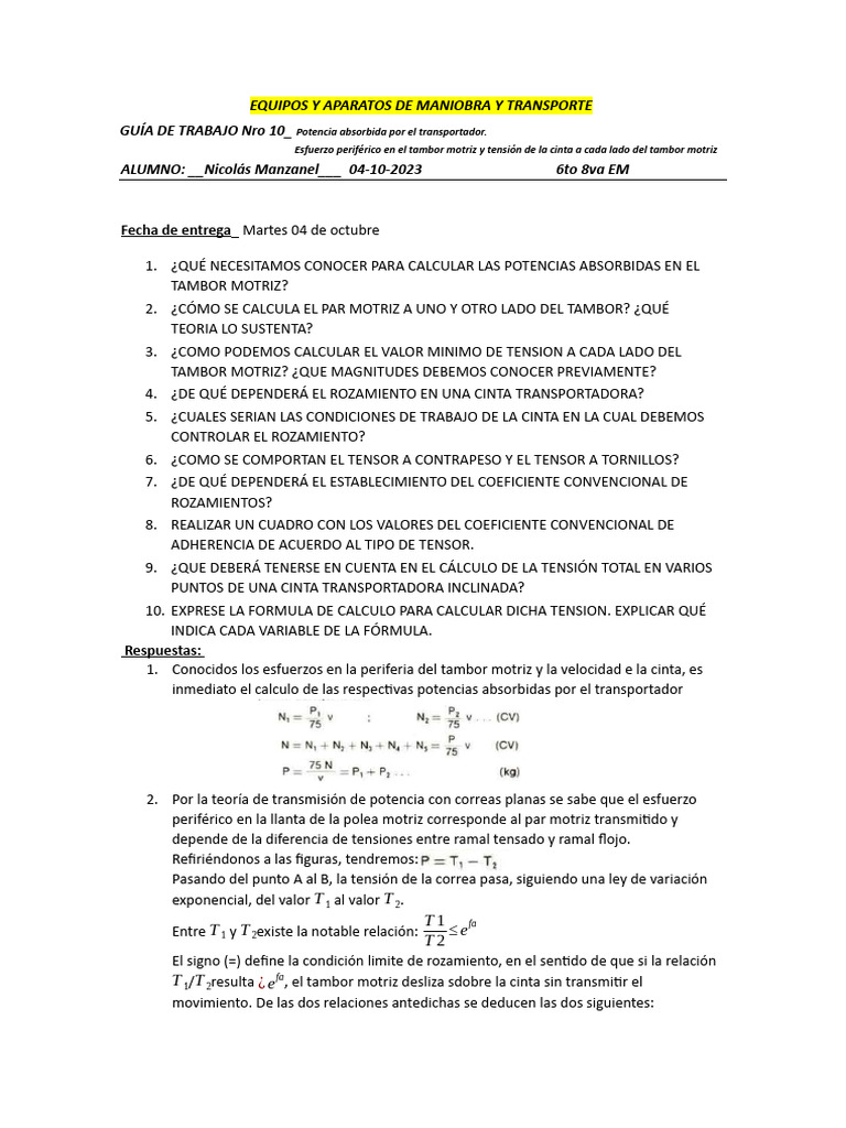 Nico Manzanel - TP10 - CALCULO DE TENSIONES LATERALES EN TAMBOR MOTRIZ | PDF | Fricción ...