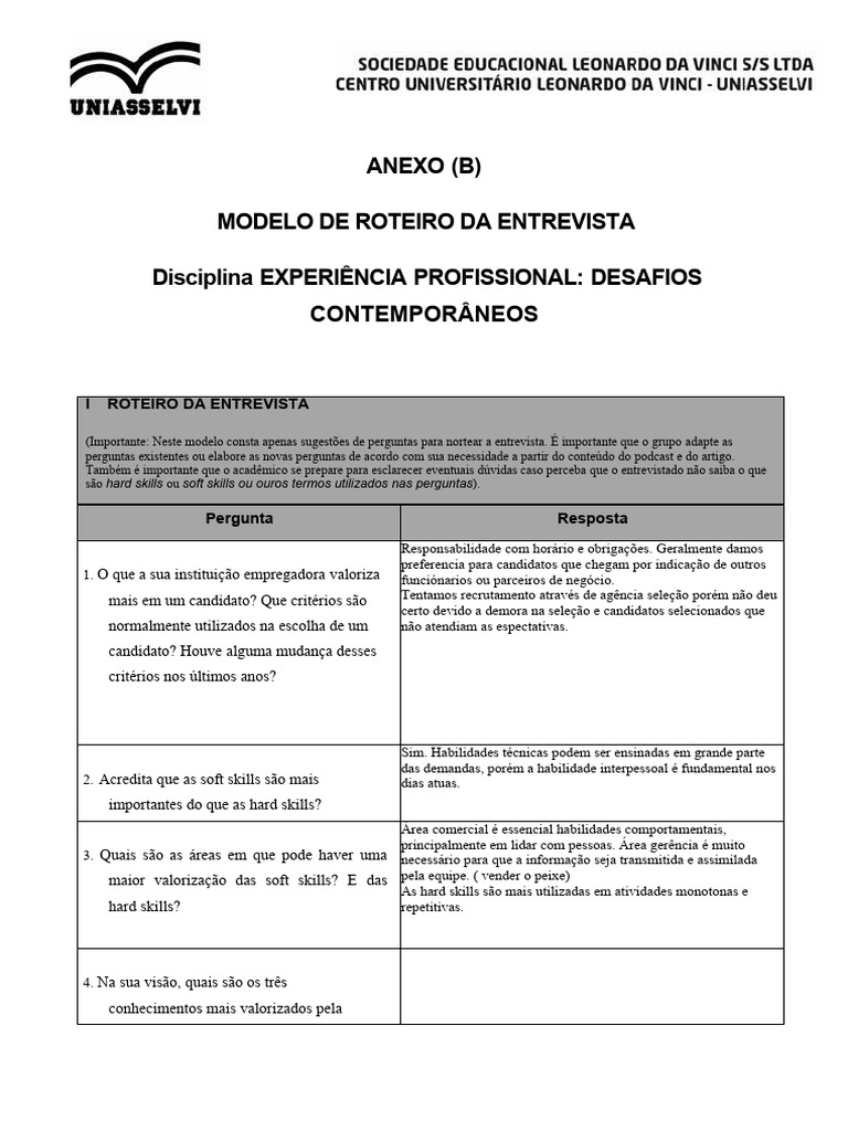 Anexo B - Roteiro Da Entrevista PDF | PDF | Entrevista | Recrutamento