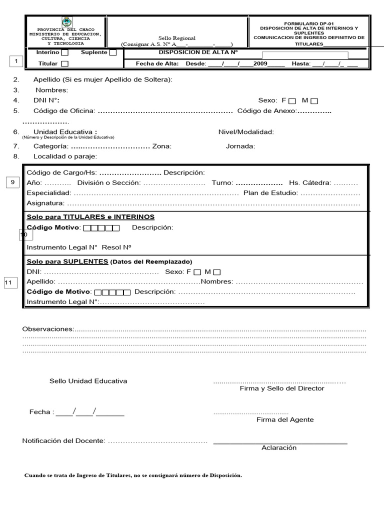 FORMULARIO DP 01 Disposicion de Alta | PDF