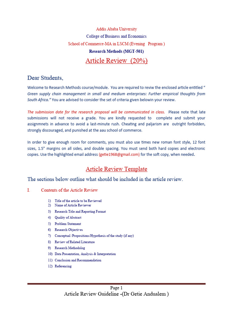 Assignmt-I-Article Review Guideline in Research Methods | PDF ...