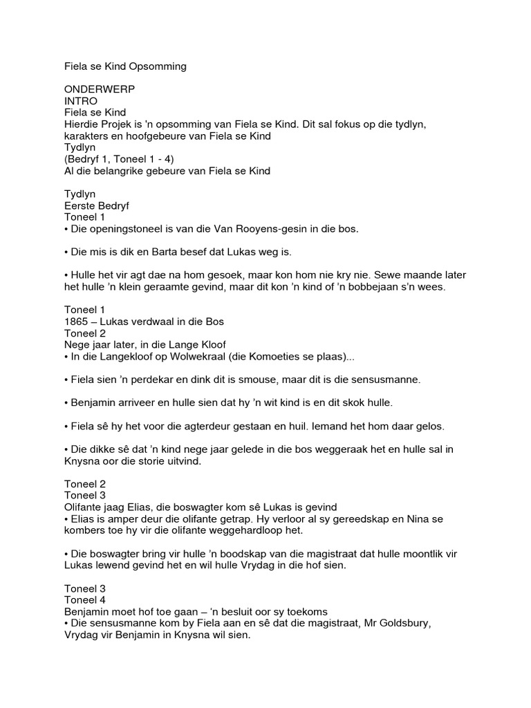 Fiela Se Kind Opsomming | PDF