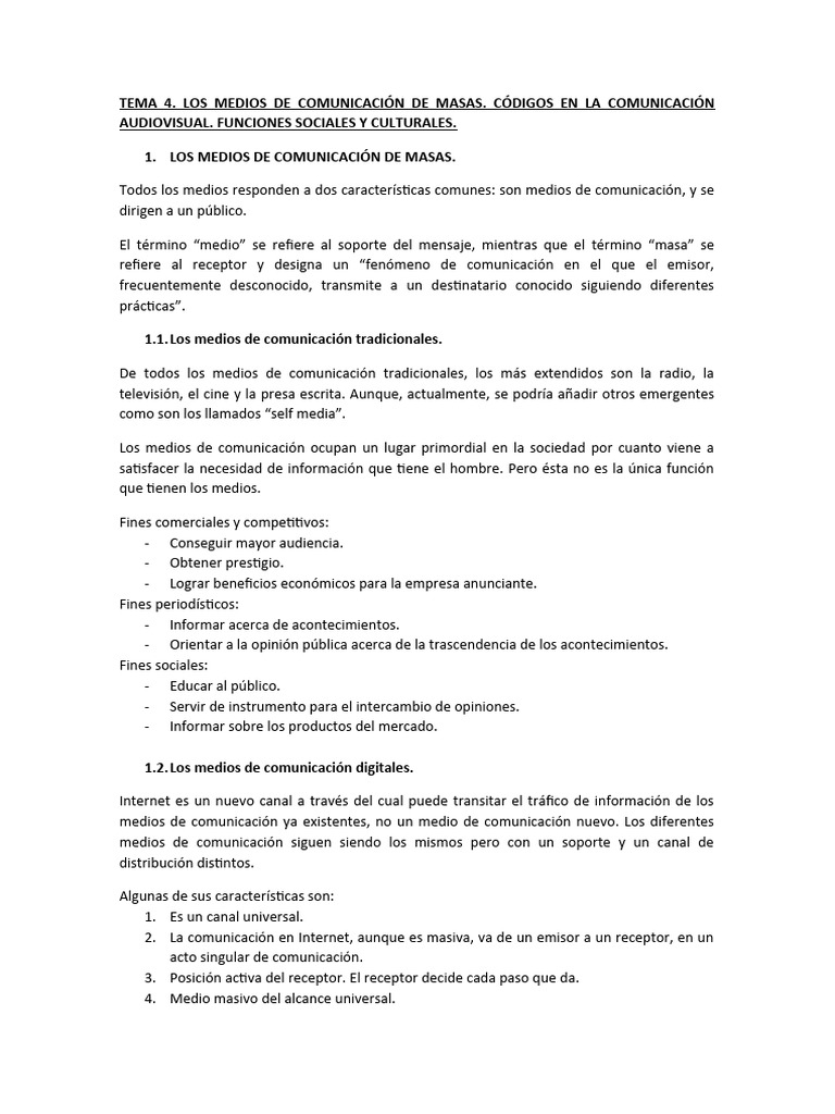 TEMA 4. MEDIOS DE COMUNICACIÓN DE MASAS, CÓDIGOS Y FUNCIONES | PDF | Medios de comunicación en ...