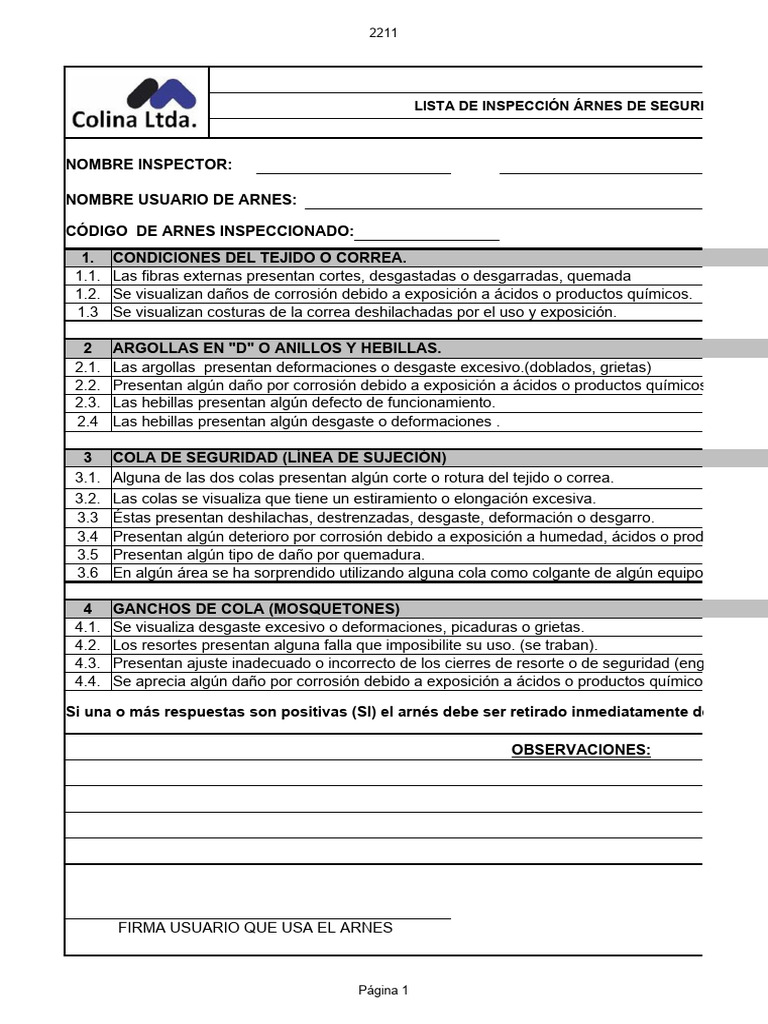 Check List Arnes de Seguridad | PDF | Ingeniería mecánica