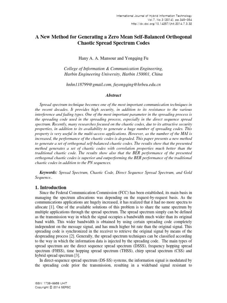 A New Method For Generating A Zero Mean Self-Balanced Orthogonal Chaotic Spread Spectrum Codes ...