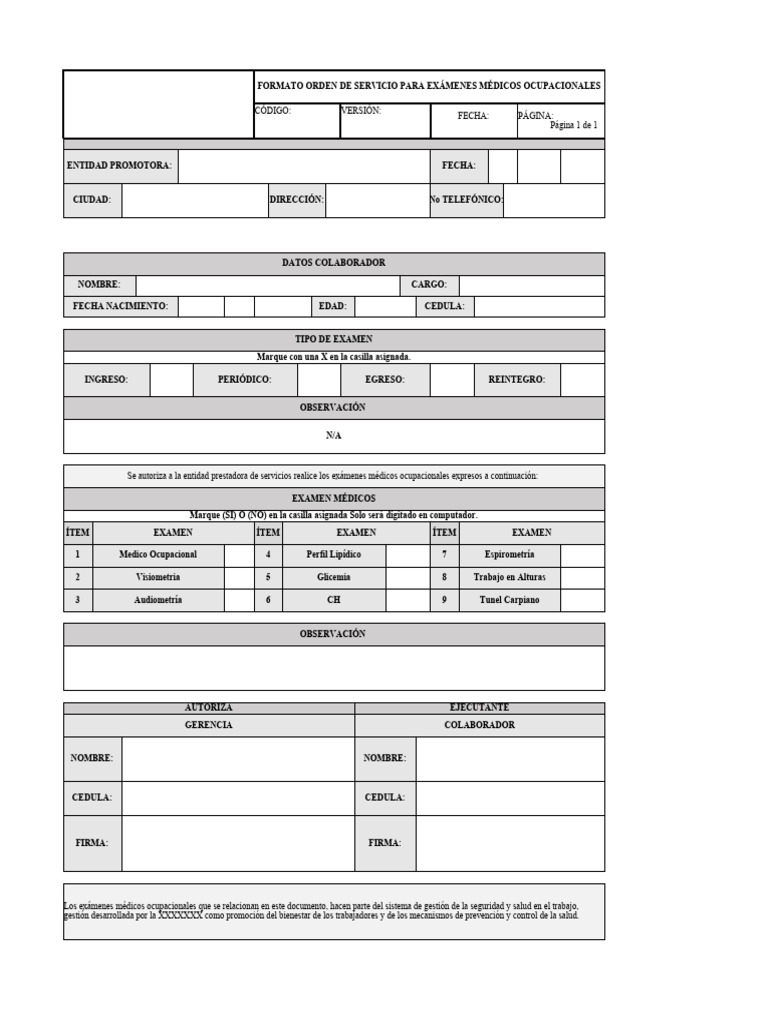 SST-FO-08 Formato de Orden de Servicio para Exámen Médico Ocupacional | PDF