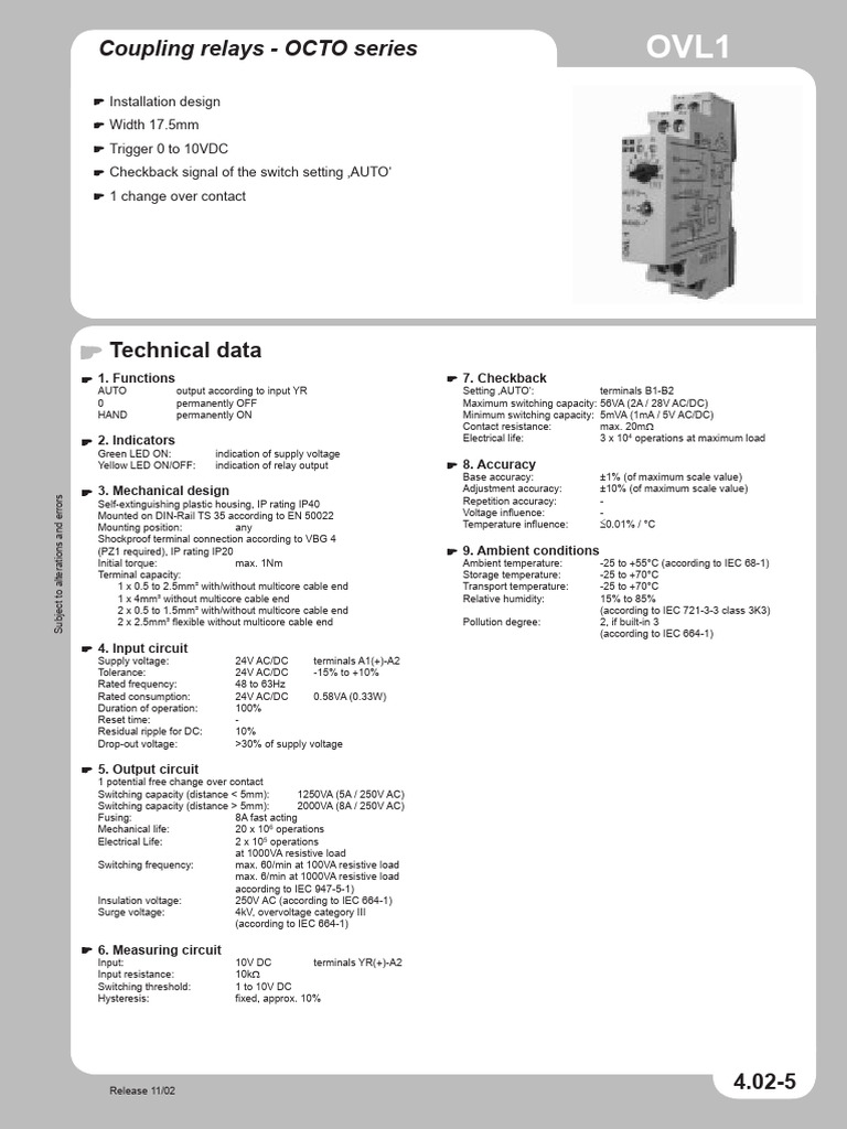 Fiche Technique 505610 Inter Val Seuils 0 10 VDC Ovl1 24 Vacdc Tele 170015 | PDF | Relay | Switch