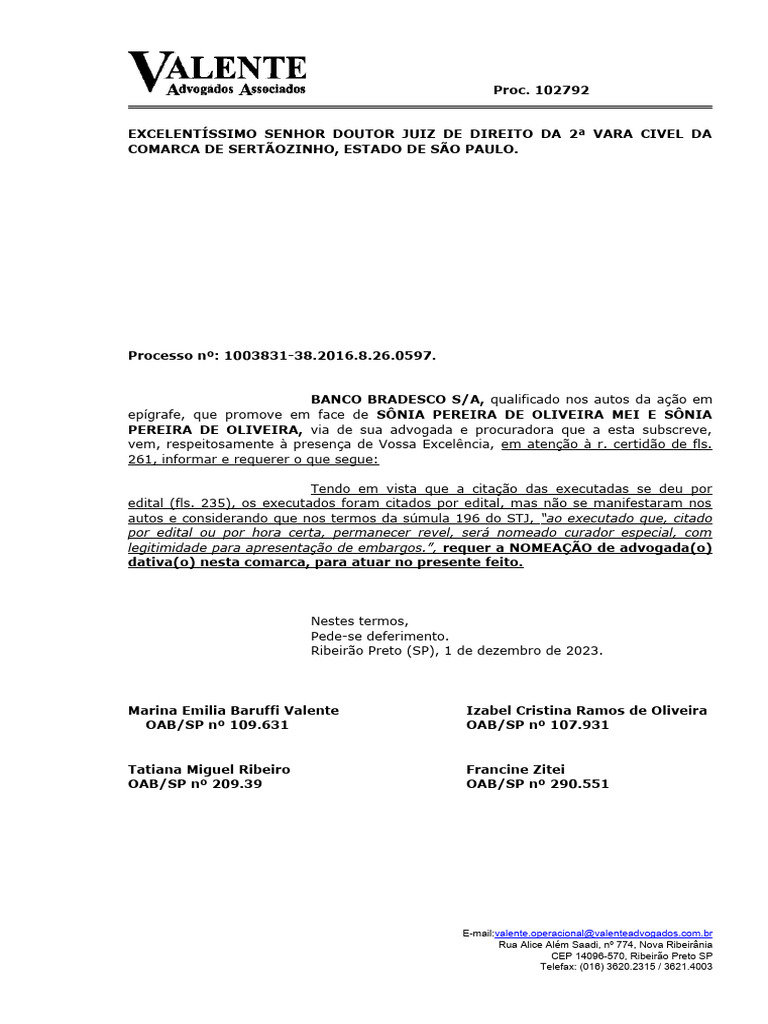 Petição requerendo nomeação de advogado dativo. | PDF