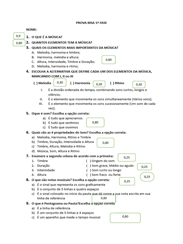 PROVA MSA 1 FASE Editada Com Nome e Valores Das Questões | PDF | Pitch (música) | Som
