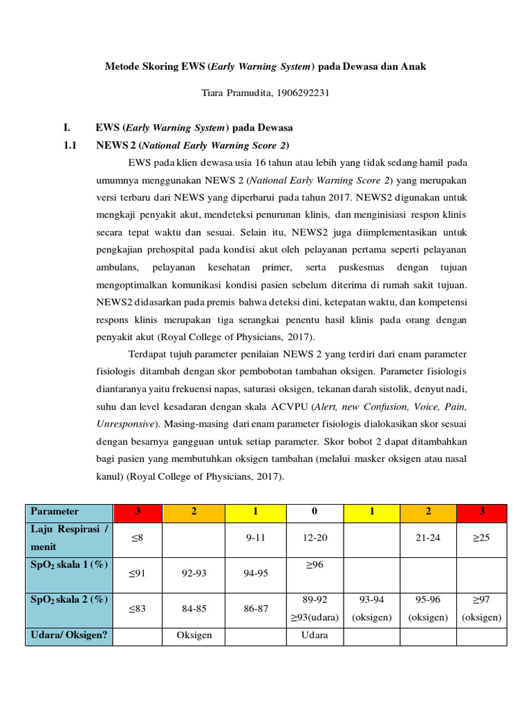 Metode Skoring EWS Pada Dewasa Dan Anak - Tiara Pramudita - 1906292231 - FG 4 - QBL 1 | PDF