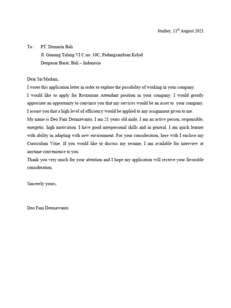 Application Letter - Deo | PDF