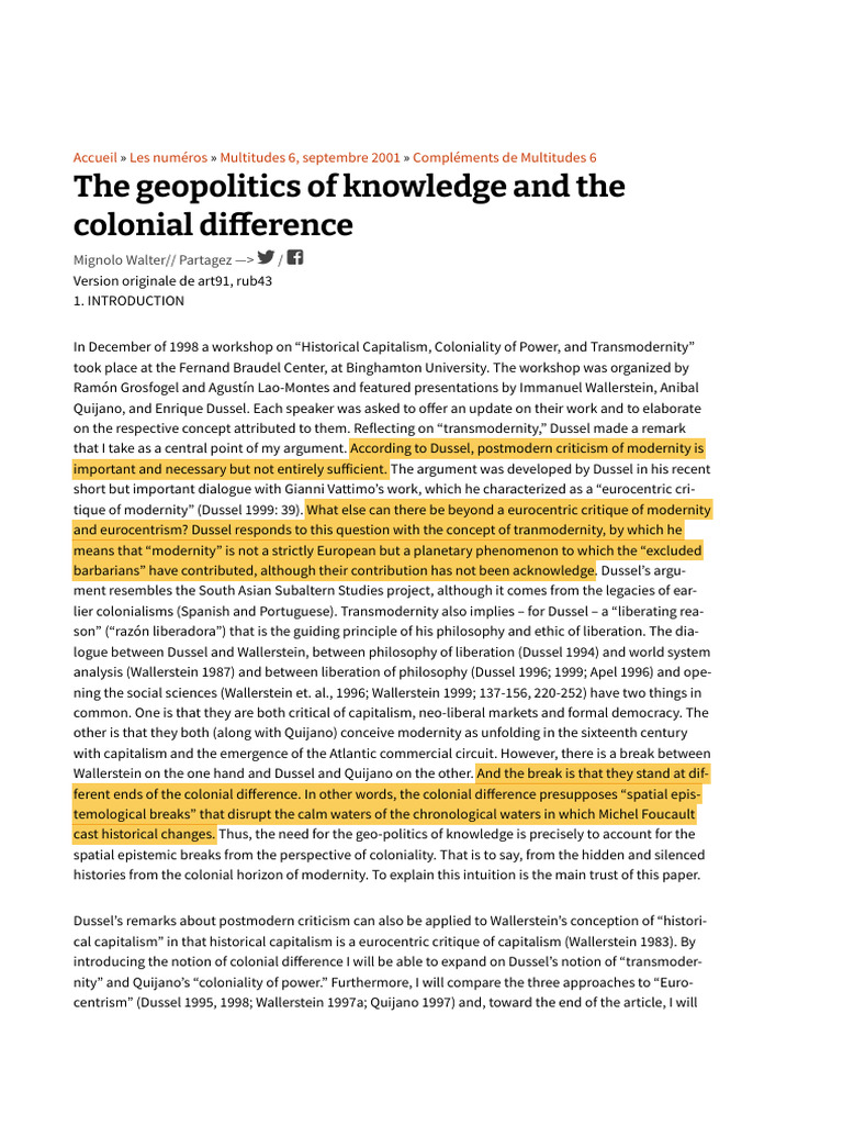 Colonial Difference - Mignolo | PDF | World Systems Theory | Science