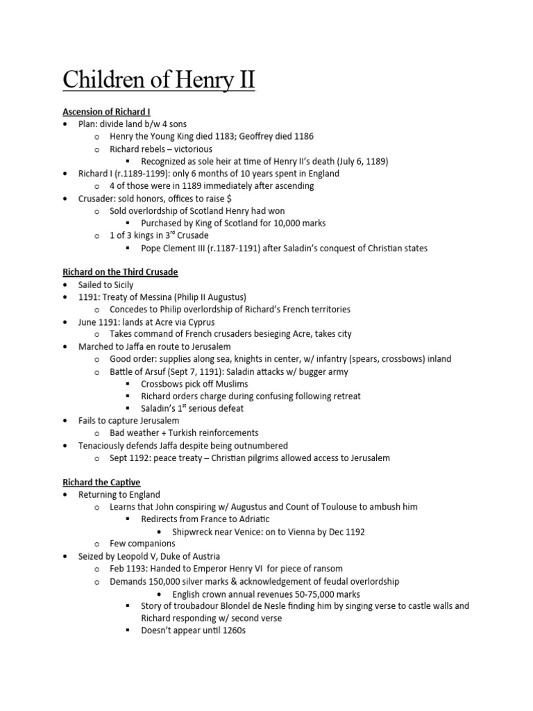 HIS201.06.Children of Henry II - Notes | PDF | Crusades | Magna Carta