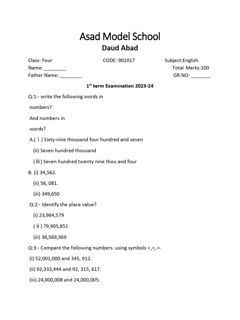 Asad Model School Class 4 Mathematics | PDF