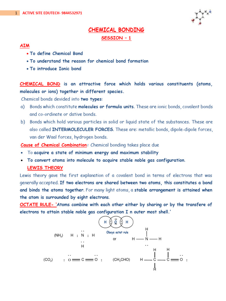 Chemical Bonding: Session - 1 AIM | PDF | Ionic Bonding | Chemical Bond