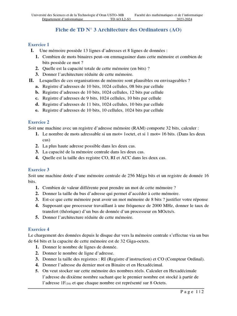 TD Architecture des Ordinateurs L2-S3 | PDF | Microprocesseur | Mémoire ...