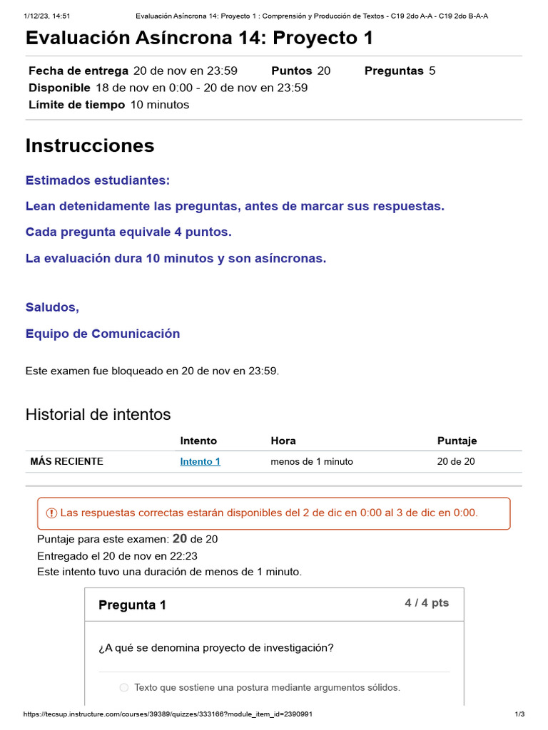 Evaluación Asíncrona 14 - Proyecto 1 - Comprensión y Producción de Textos - C19 2do A-A - C19 ...