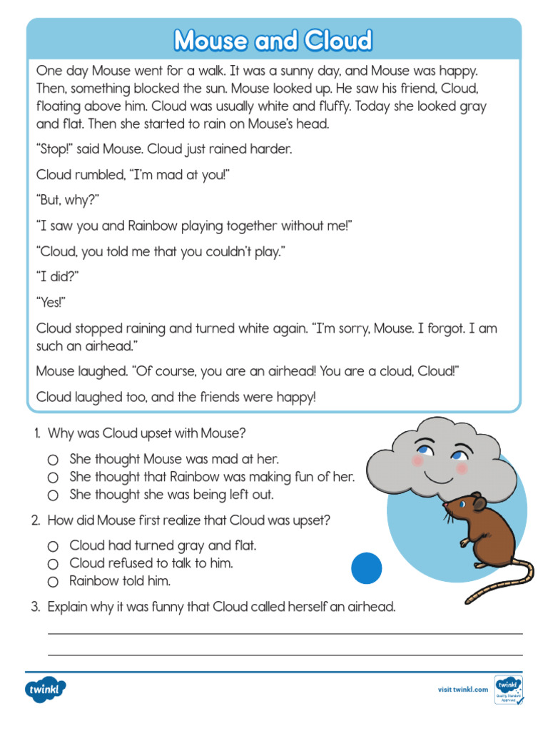 Second Grade Mouse and Cloud Reading Passage Comprehension Activity ...