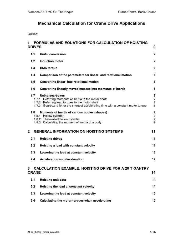 Cranes Hoist Theory Mech Calc | PDF | Torque | Electric Motor
