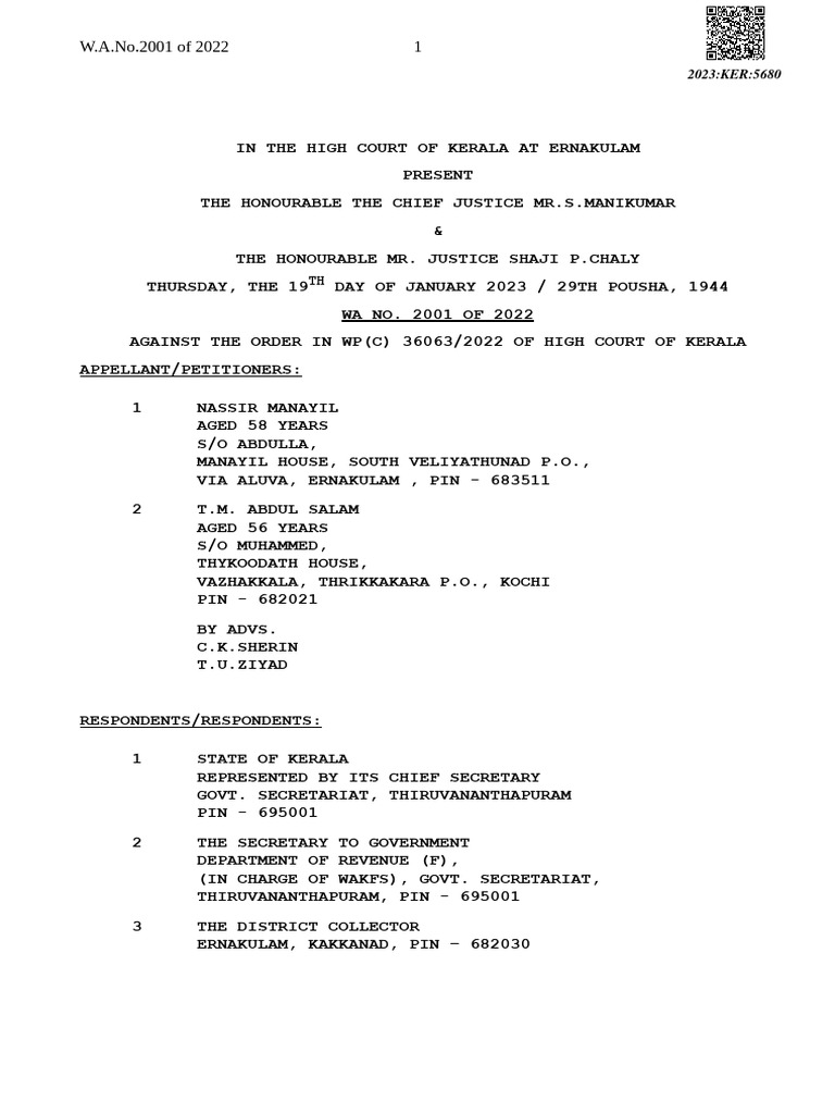 Kerala High Court Writ Appeal on Wakf Property Dispute | PDF | Writ | Appeal