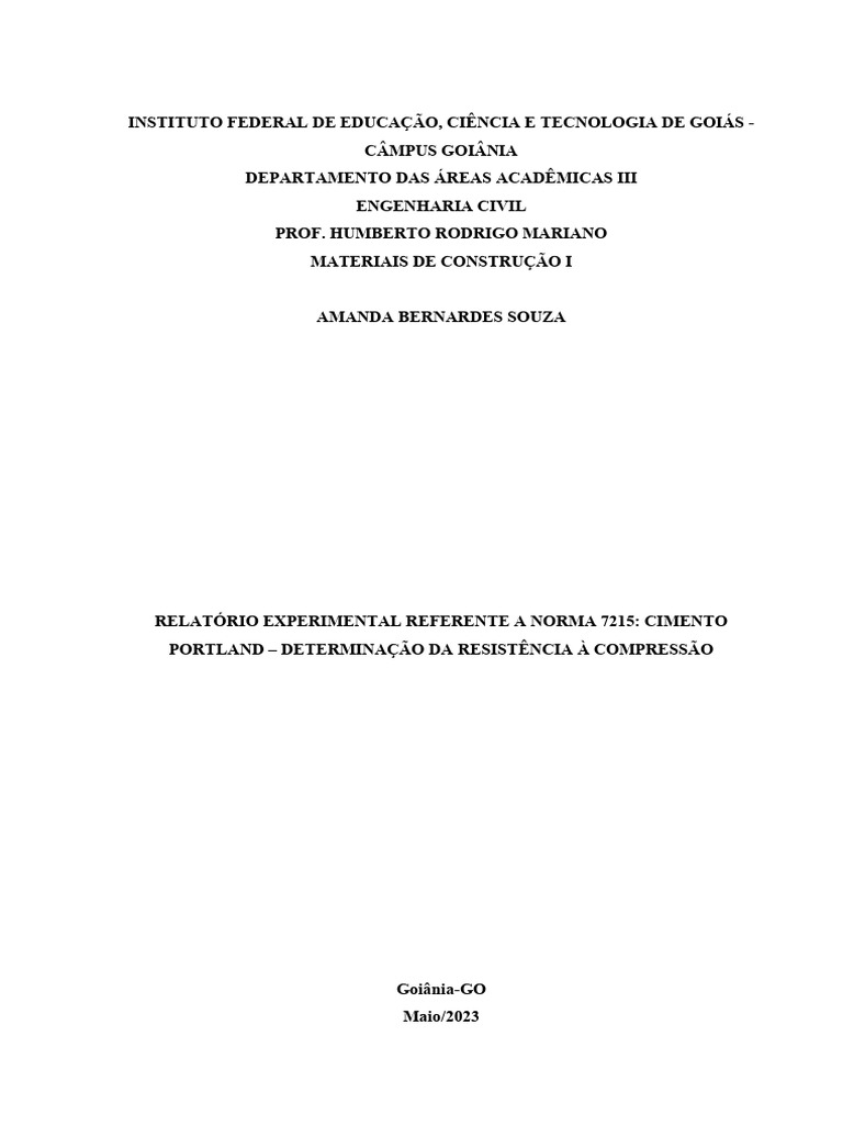 Relatório Maco I Det Resistência A Compressão Cimento Amanda