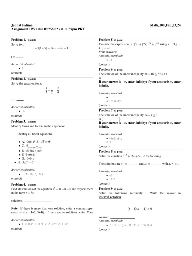 Math 100 Fall 23 24.2027-11-0174.HW1 | PDF | Equations | Inequality (Mathematics)