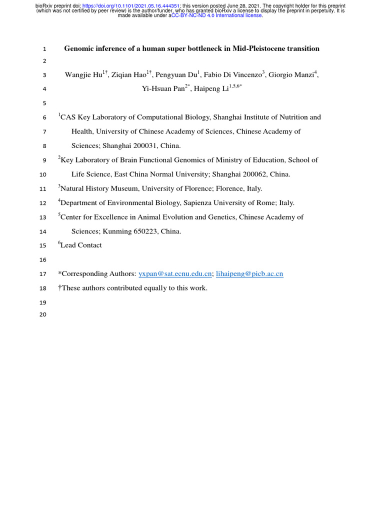 Genomic Inference of A Severe Human Bottleneck | PDF | Human Evolution ...