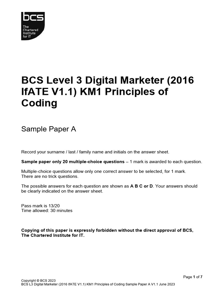 BCS L3 Digital Marketer IfATE V1.1 KM1 Principles of Coding Sample ...