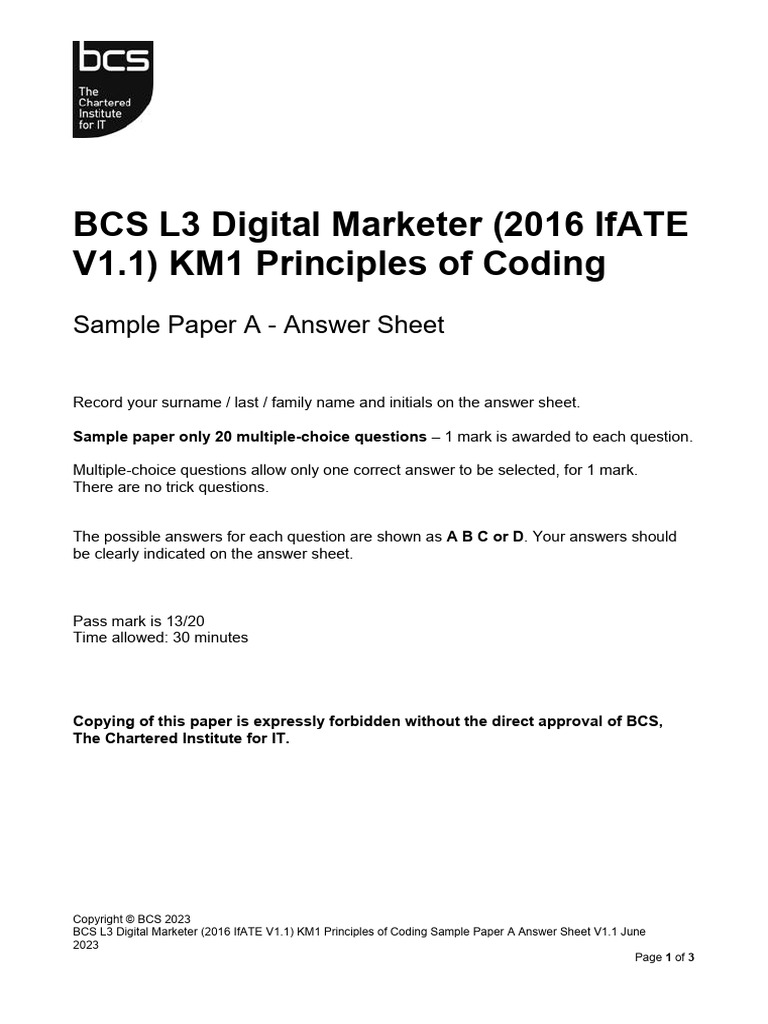 BCS L3 Digital Marketer IfATE V1.1 KM1 Principles of Coding Sample ...