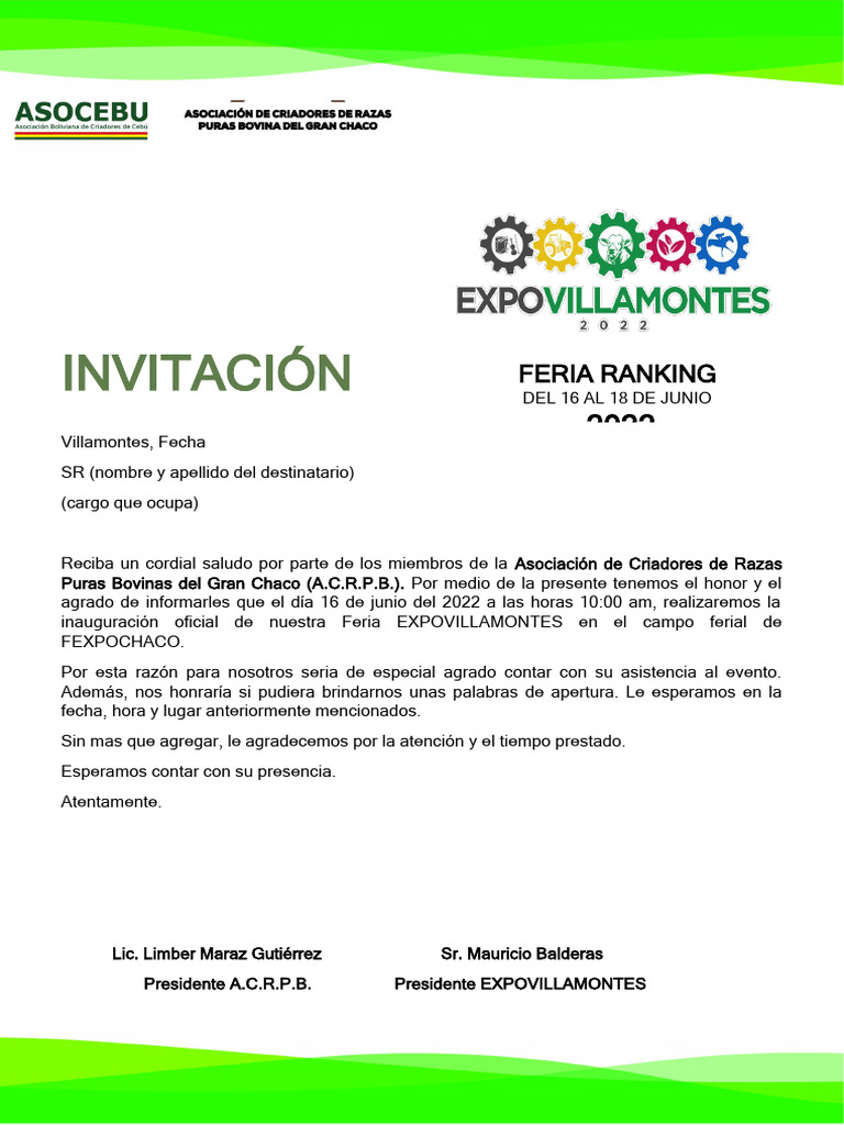 Carta Invitacion Inauguracion Autoridad | PDF