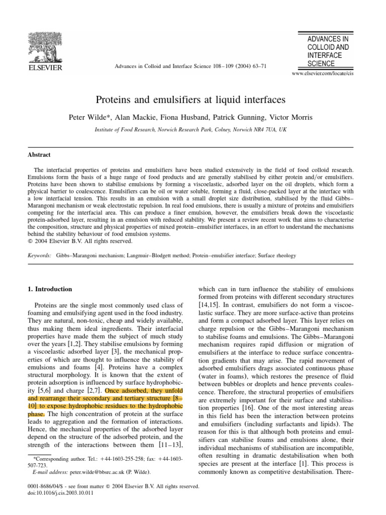 Proteins and Emulsifiers at Liquid Interfaces | PDF | Emulsion | Surfactant