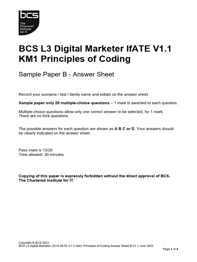 BCS L3 Digital Marketer IfATE V1.1 KM1 Principles of Coding Sample ...