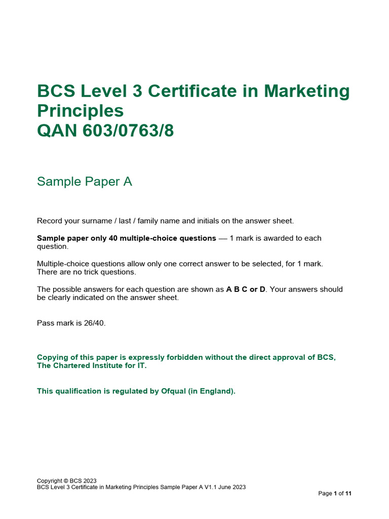 BCS L3 Certificate in Marketing Principles Sample Paper A v1.1 | PDF | Digital Marketing | Marketing