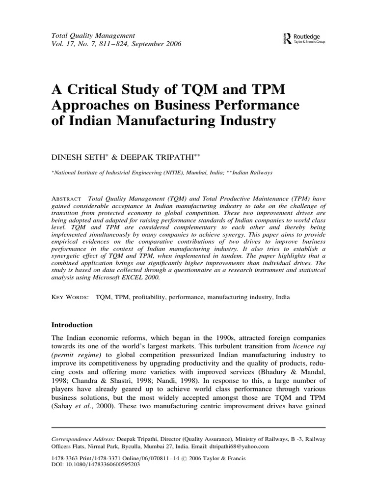 Critical Study of TQM and TPM | PDF | Student's T Test | Analysis Of ...