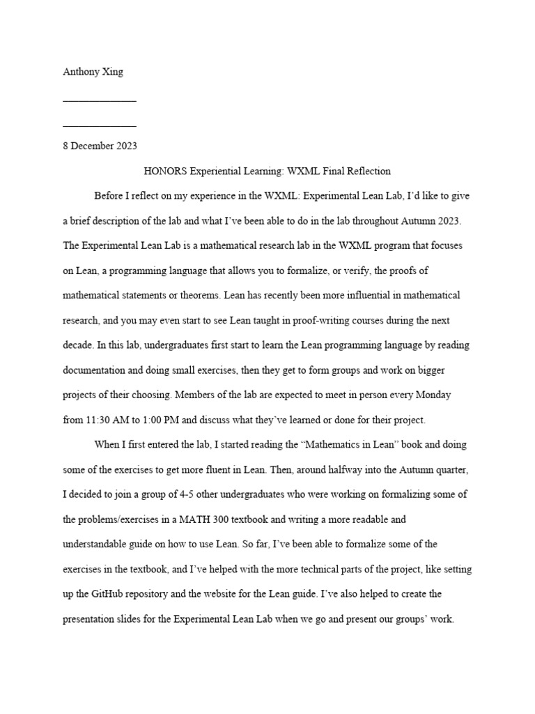 Honors - WXML Final Reflection | PDF | Mathematics | Experience
