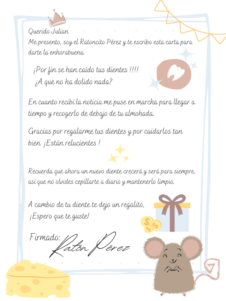 Documento A4 Carta Ratoncito Pérez Infantil Colores Pastel | PDF