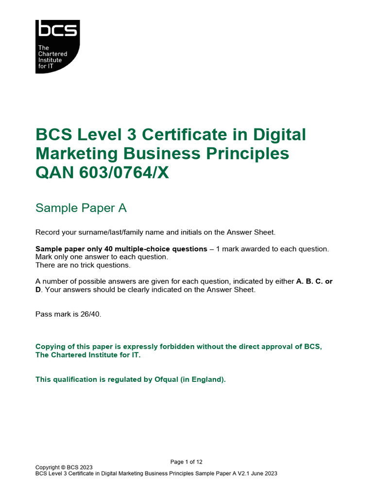 BCS Level 3 Certificate in Digital Marketing Business Principles Sample ...