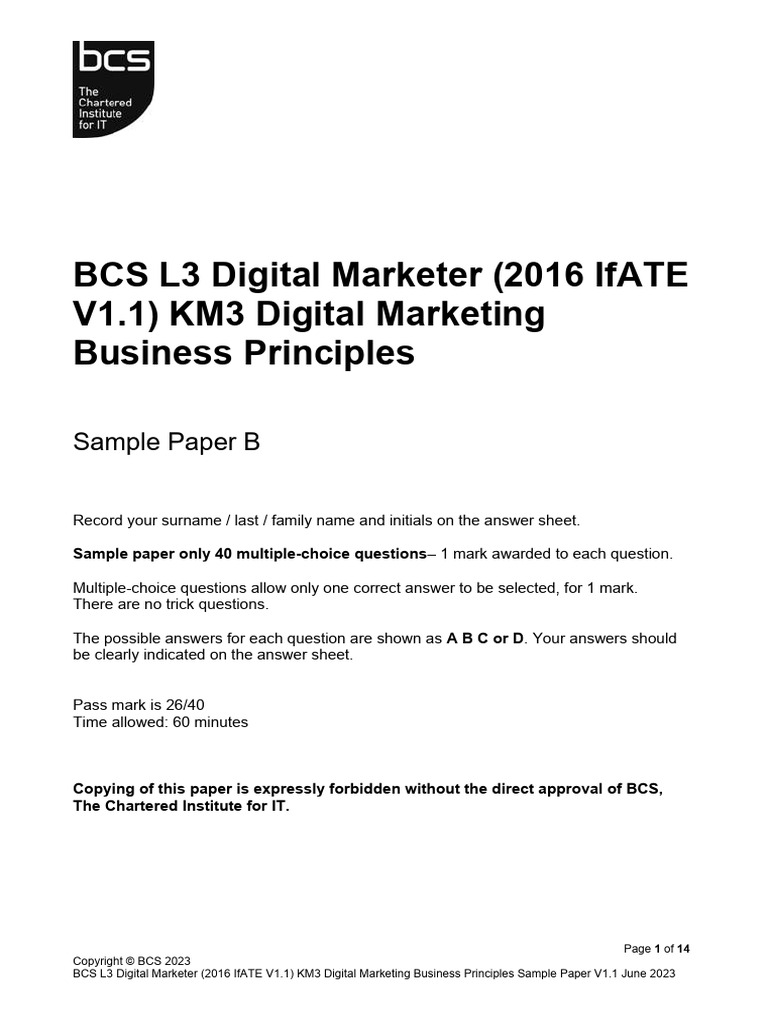 BCS L3 Digital Marketer IfATE v1.1 KM3 Digital Marketing Business Principles Sample Paper B V1.1 ...