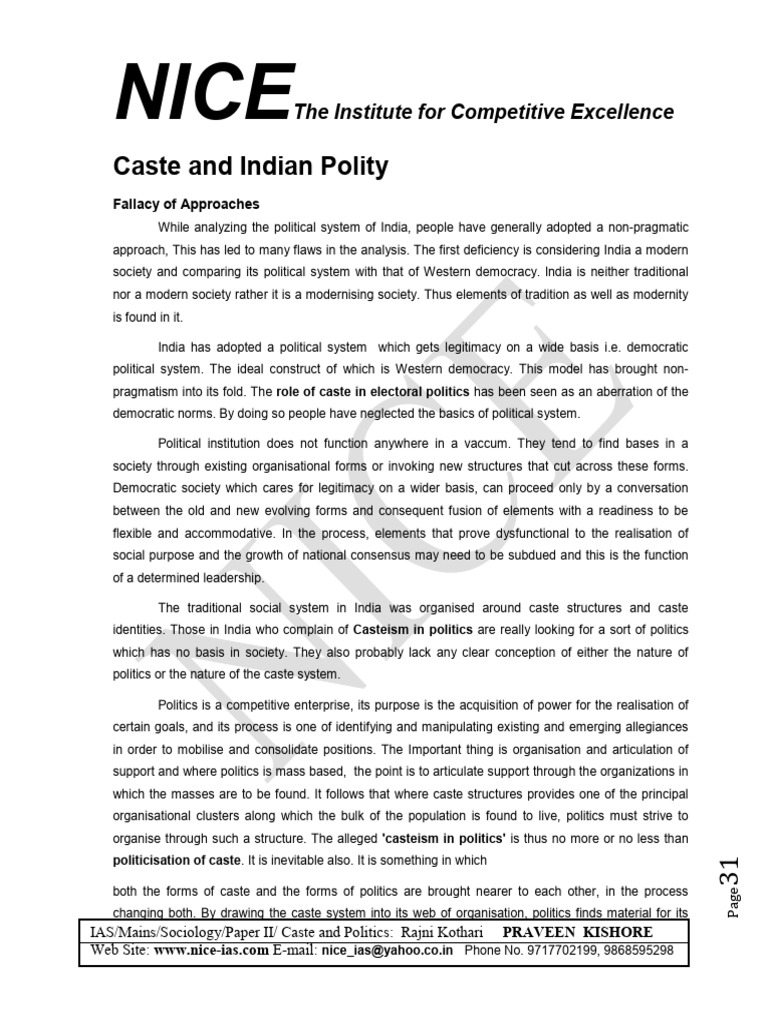 Caste and Politic Rajni Kothari | PDF | Caste | System